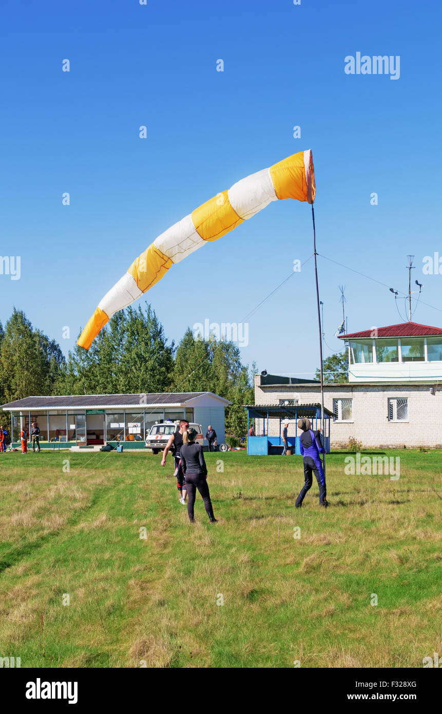 Parachutists - 2014. Assembly of a conical textile tube ( windsock) for ...