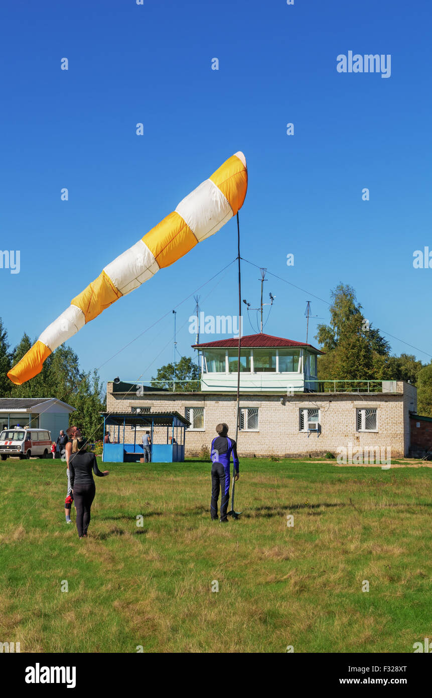Parachutists - 2014. Assembly of a conical textile tube ( windsock) for ...