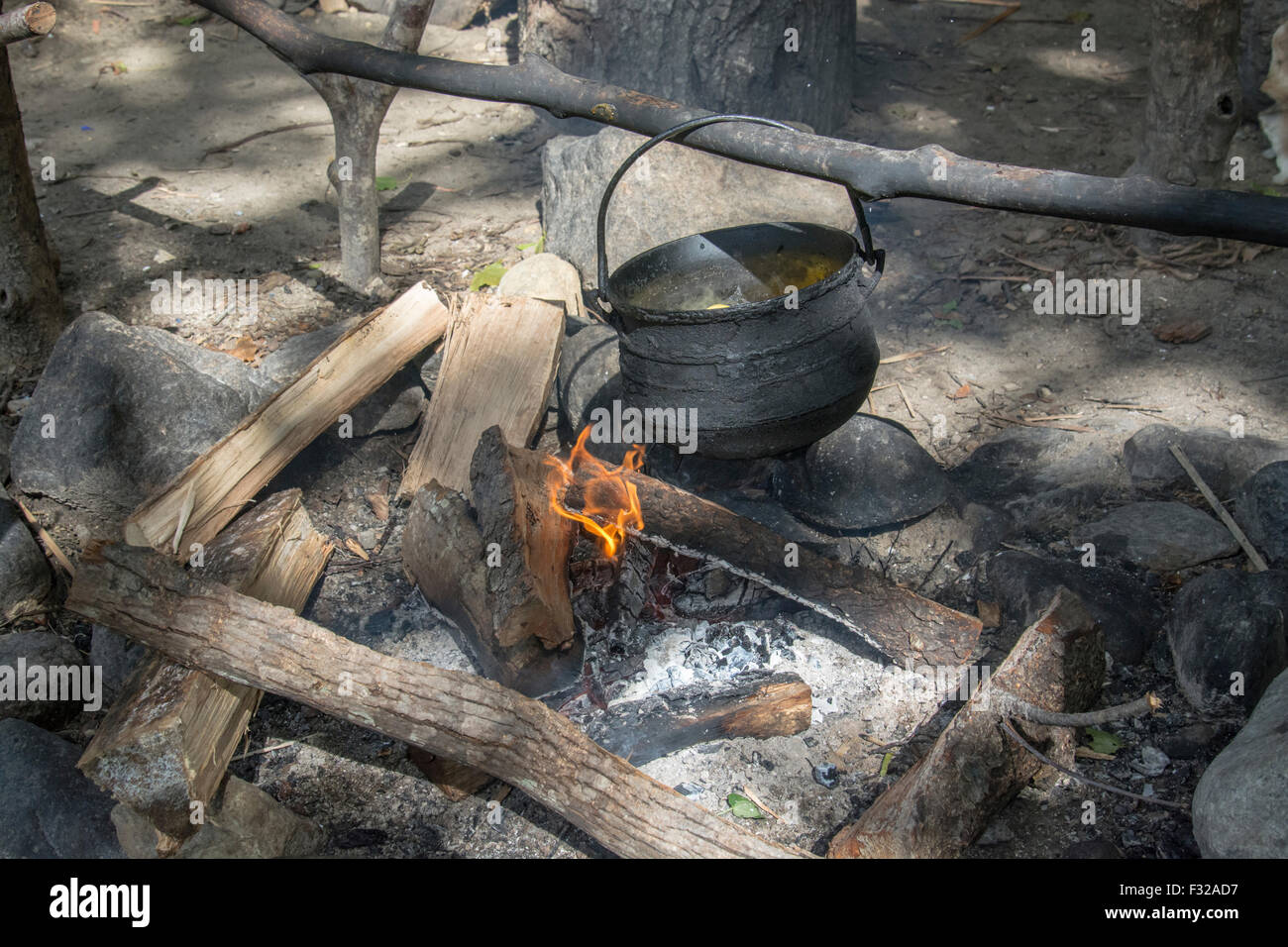 A boiling cooking pot over an open fire, Plimouth Plantation, Plymouth ...