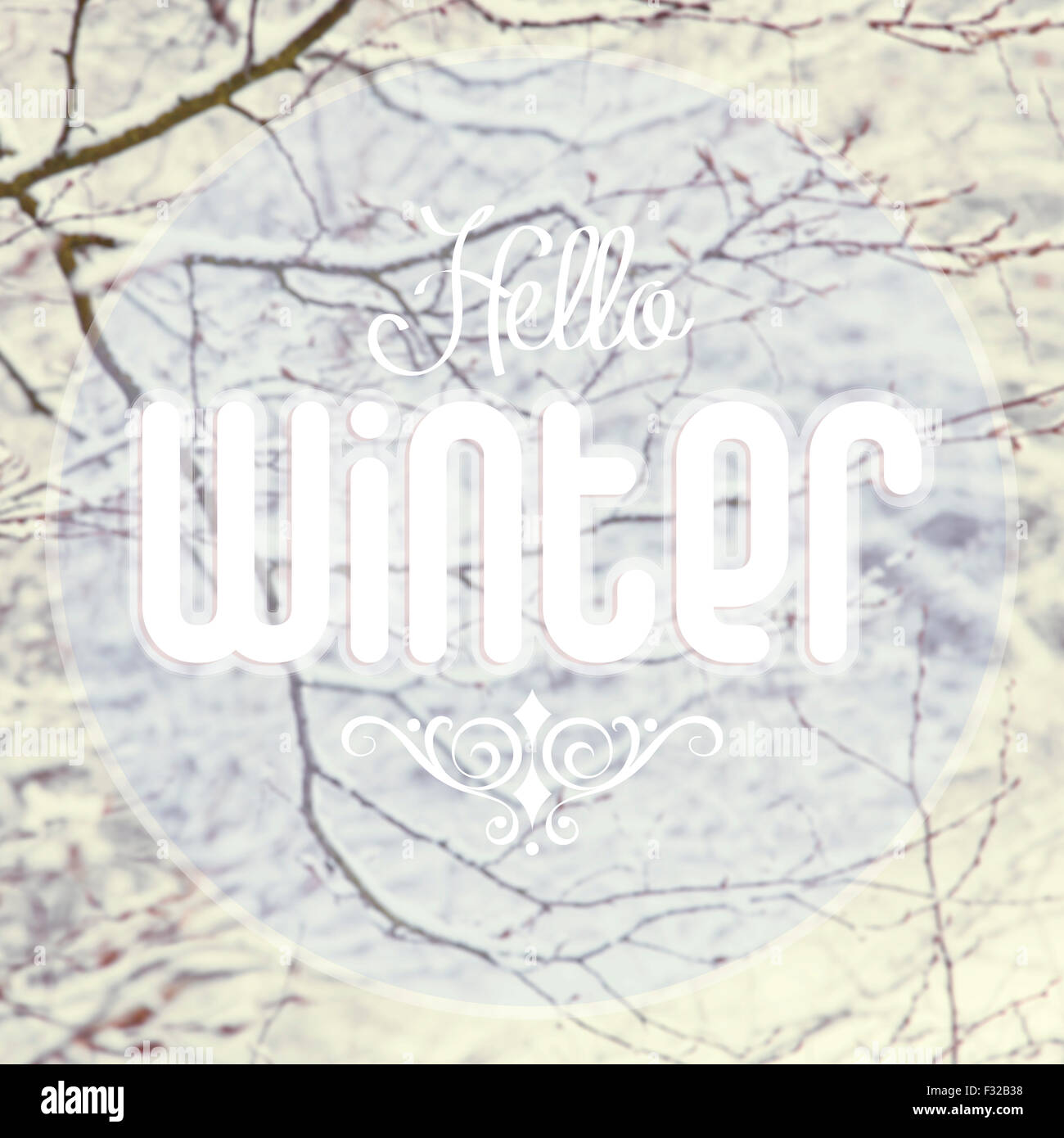 Snowy winter background with Hello Winter text Stock Photo - Alamy