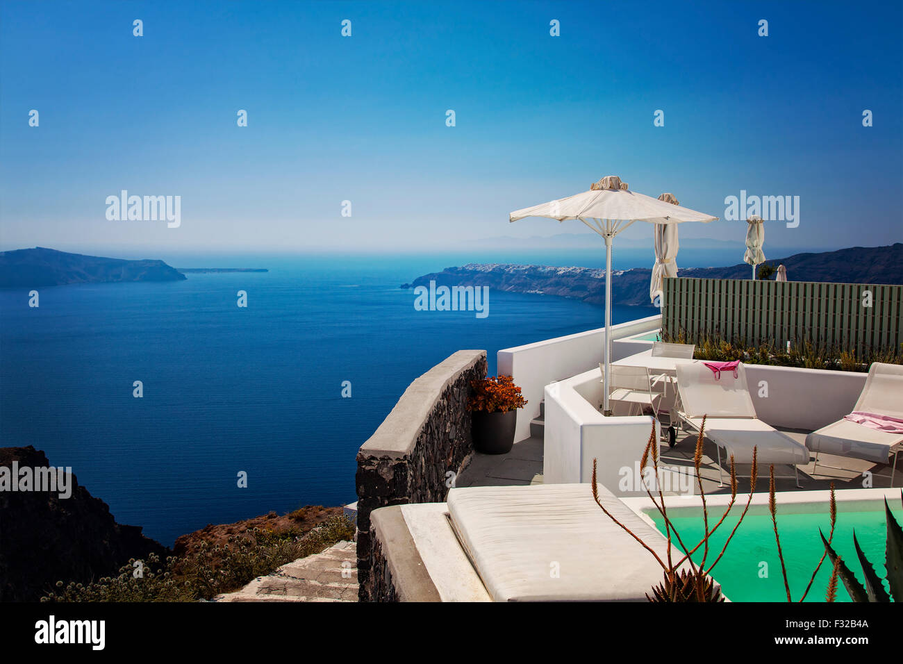 Image of a luxury balcony terrace with an ocean view. Santorini, Greece ...