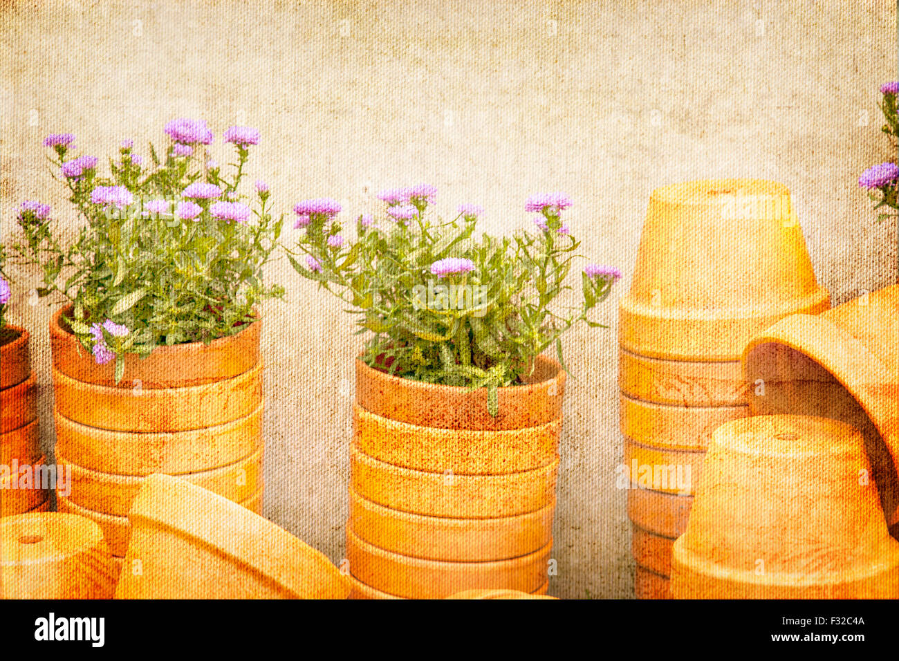 Vintage styled image of stacked plant pots in the garden Stock Photo ...