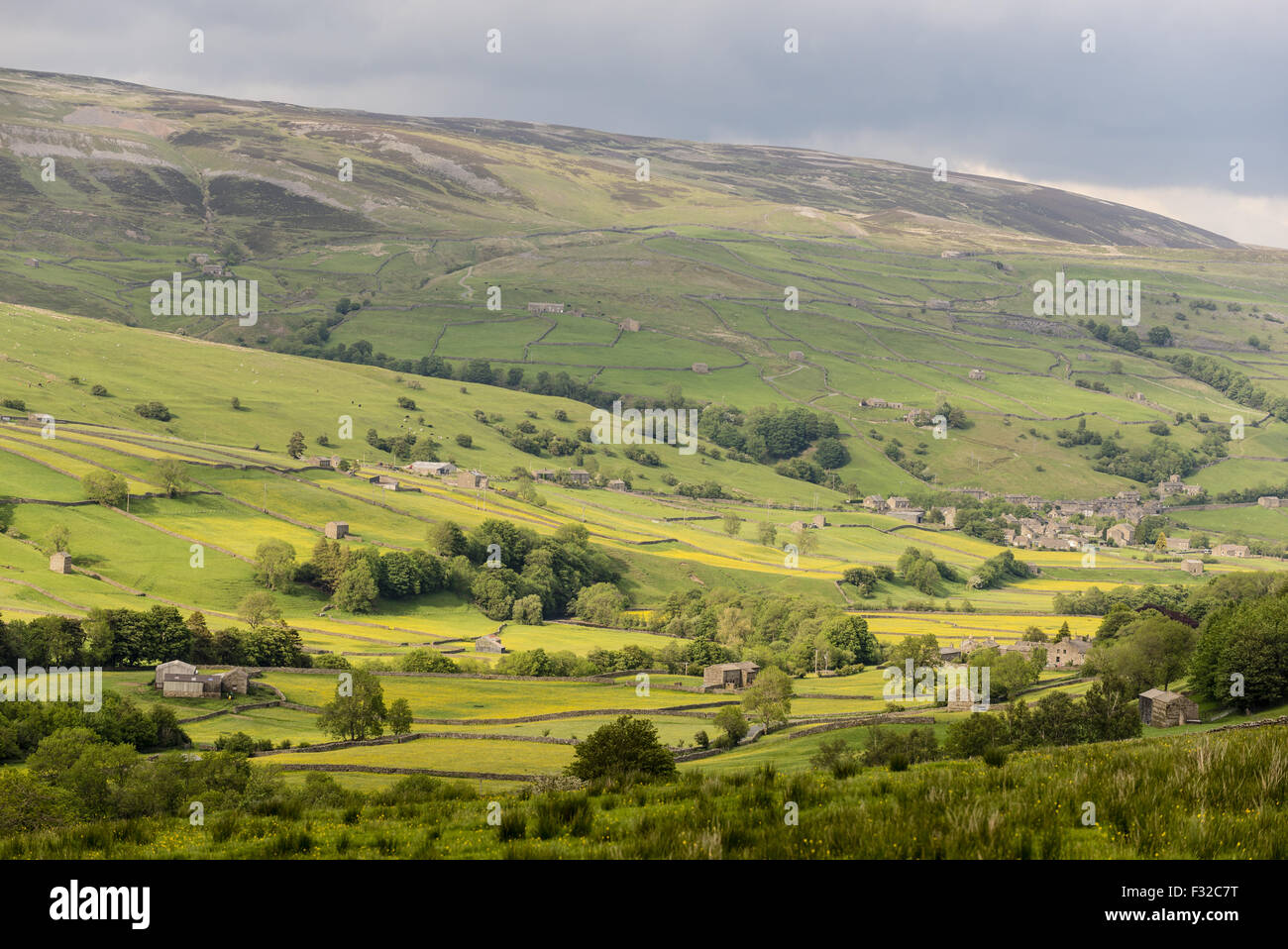 View of valley farmland, looking towards Satron and Gunnerside ...