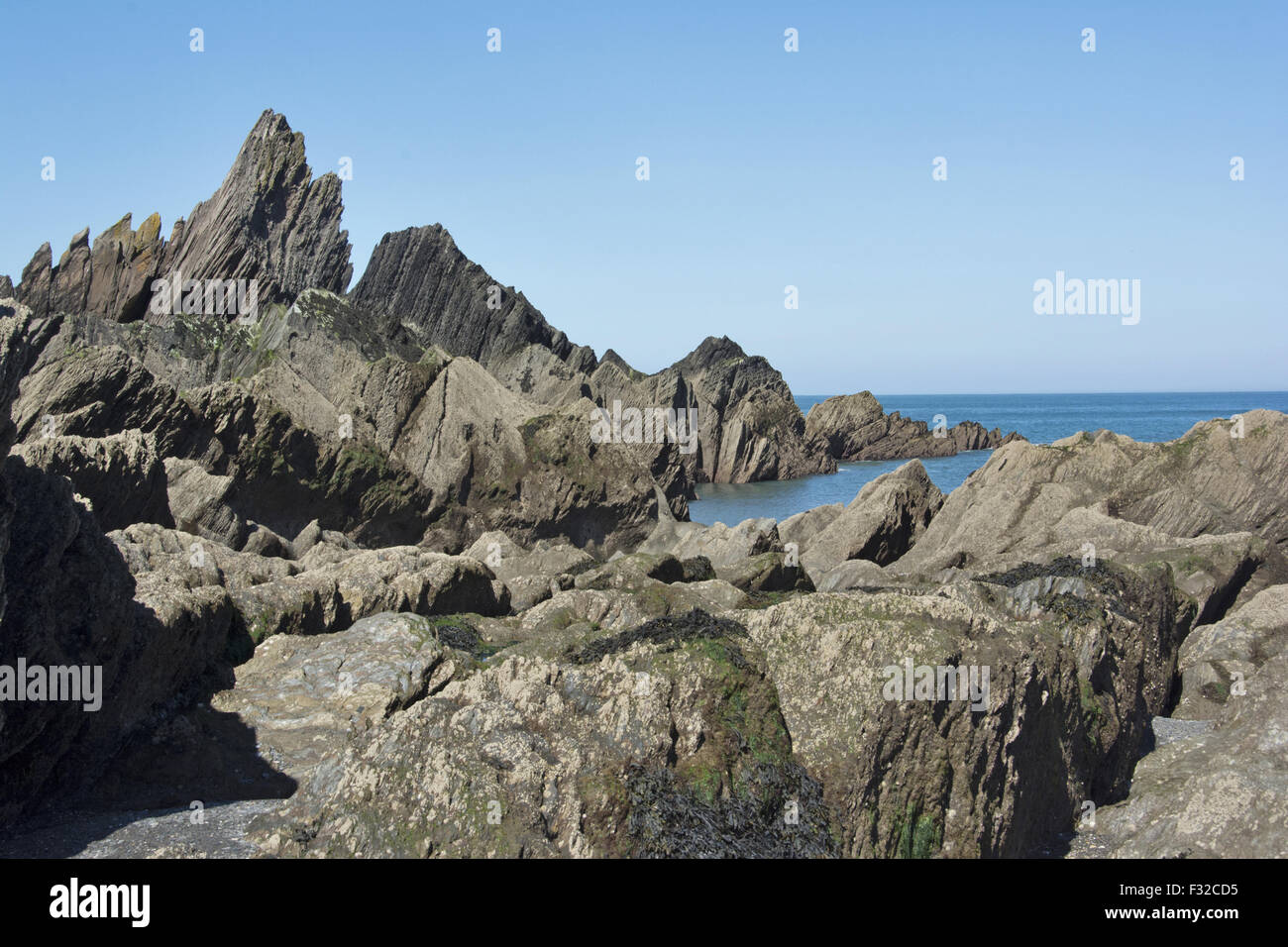 Rocky beach with bedrock of gritstone, shale and limestone, Ladies ...