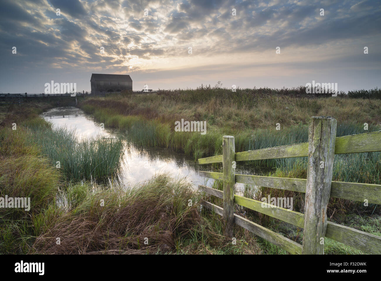 View of farm building (Rose Cottage) and cattle fencing on coastal ...