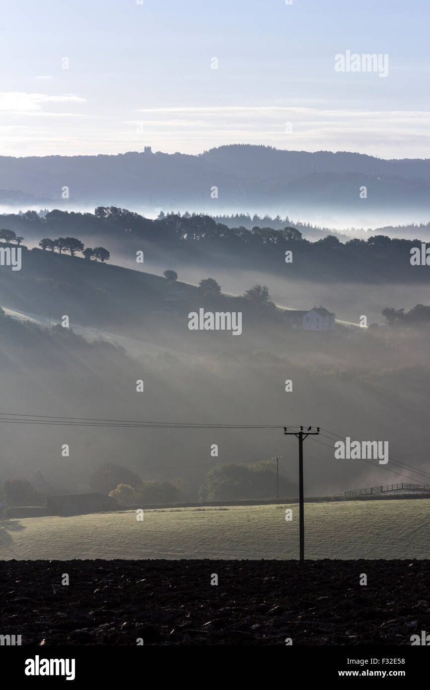 Foggy sunrise over Devon fields,Teign valley,fence,duns ford,Haldon ...