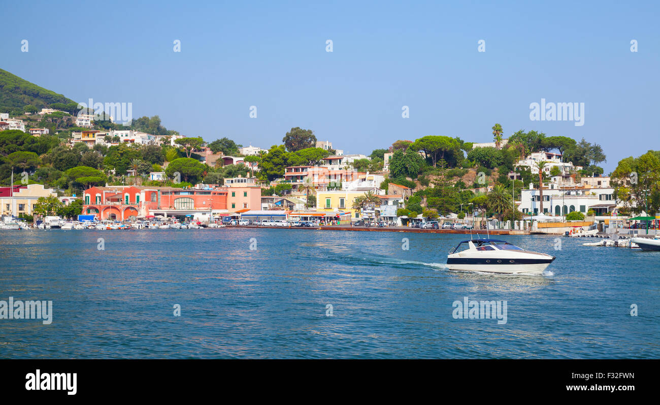 Coastal landscape, main port of Ischia island. Mediterranean sea, Italy ...