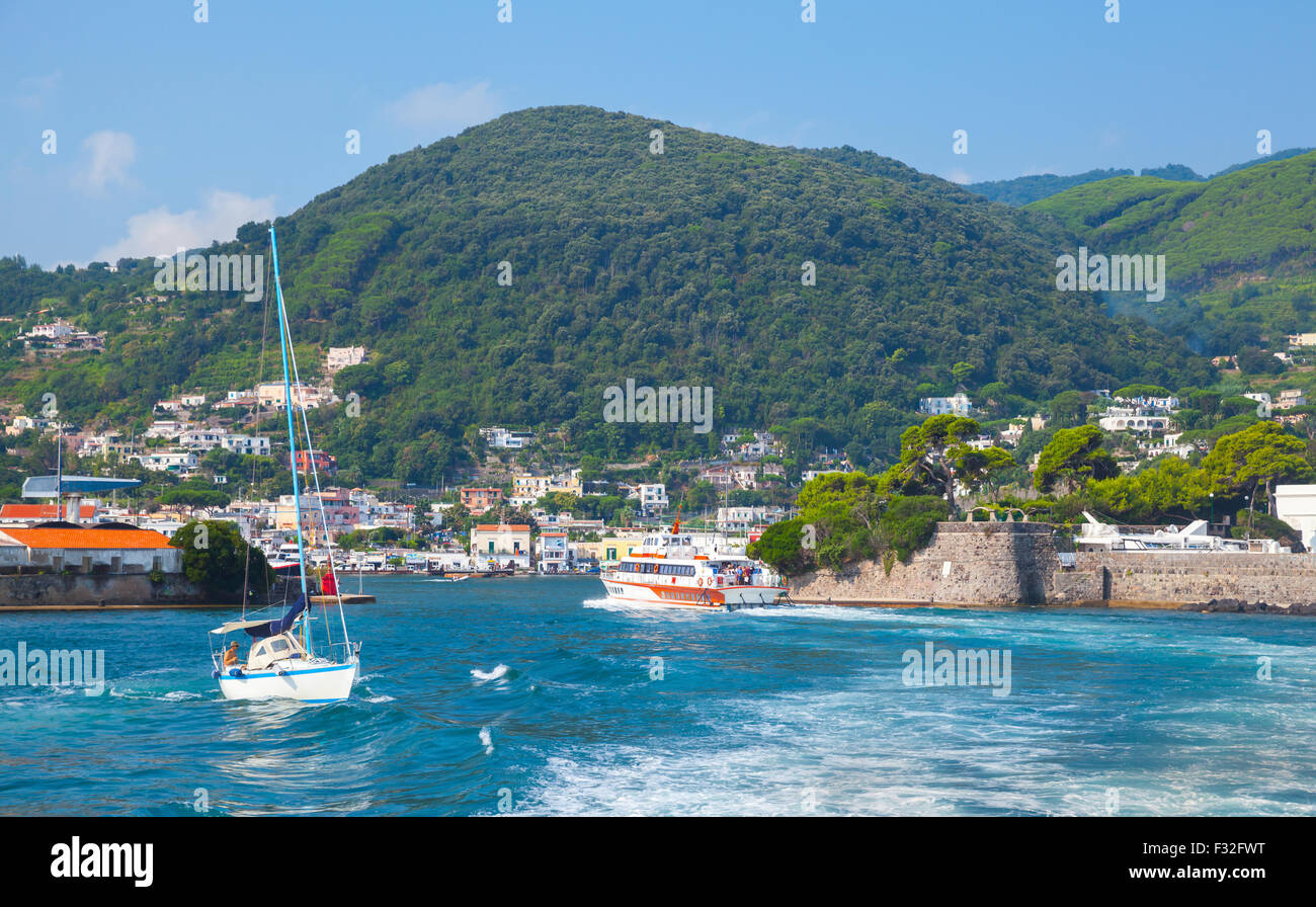 Entrance to main port of Ischia island. Mediterranean sea, Italy Stock ...