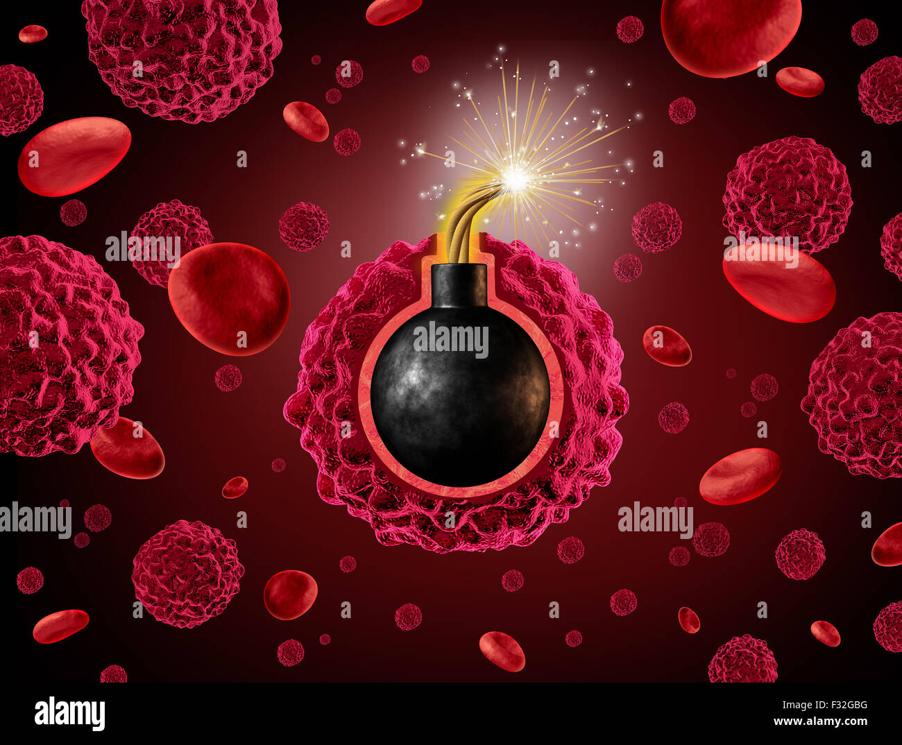 Cancer time bomb warning concept as a dangerous cancerous cell inside a ...