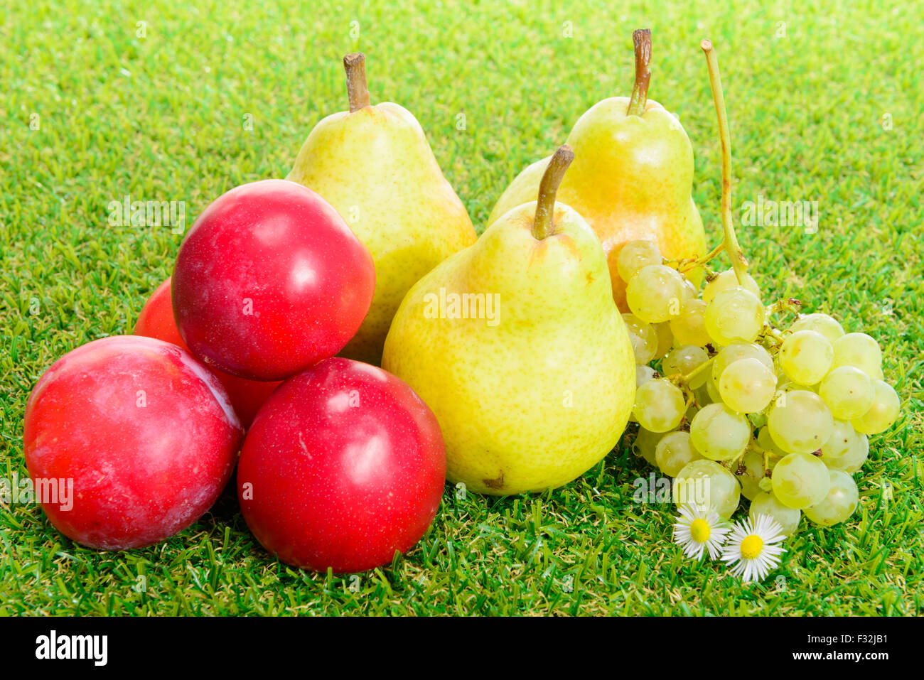 pears, plums and grapes on the grass Stock Photo - Alamy