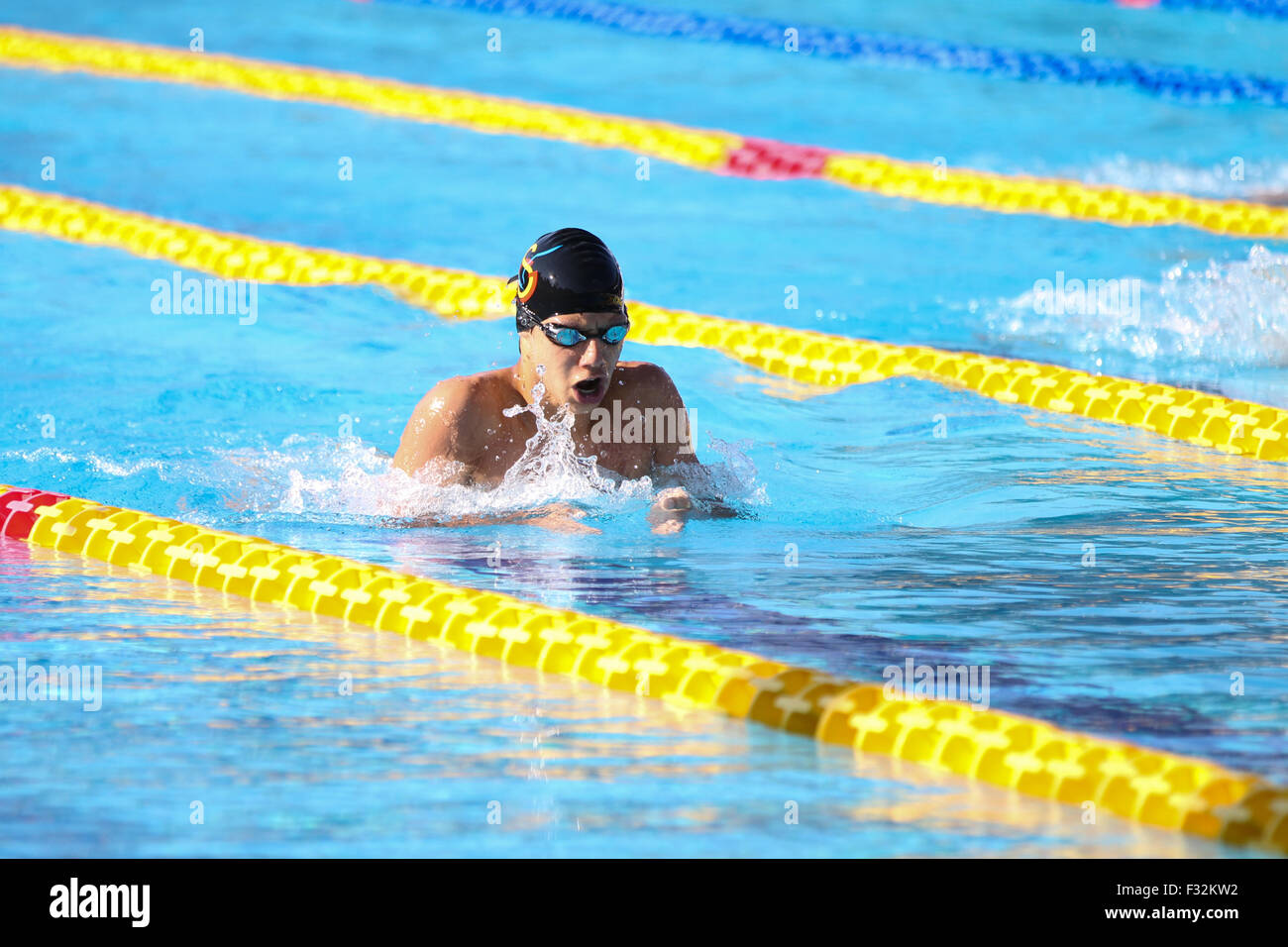 ISTANBUL, TURKEY - AUGUST 15, 2015: Unidentified competitor swims at ...
