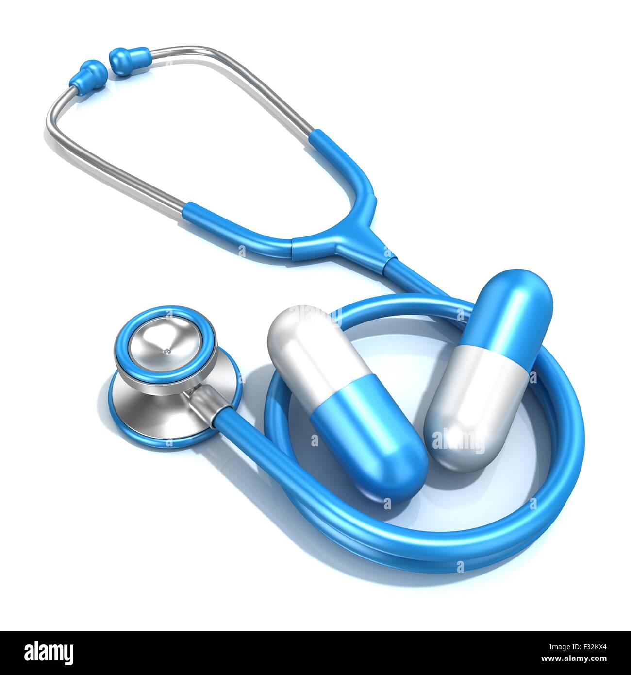 Blue stethoscope with two big blue pills, 3D render illustration ...