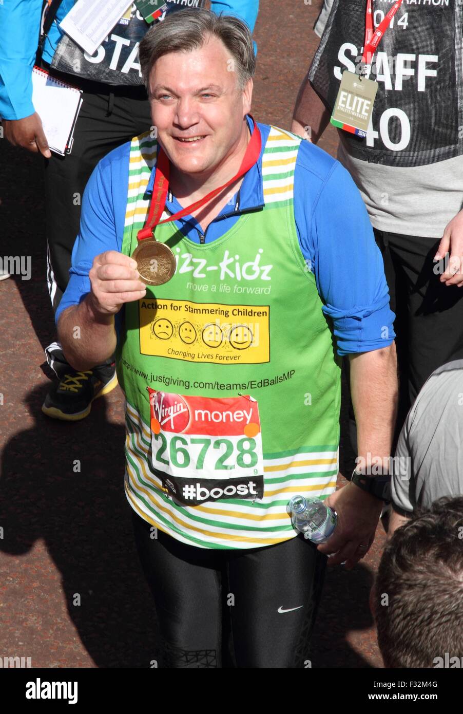 London UK. Ed Balls at London Marathon 2014 - Celebrity Finishers on ...