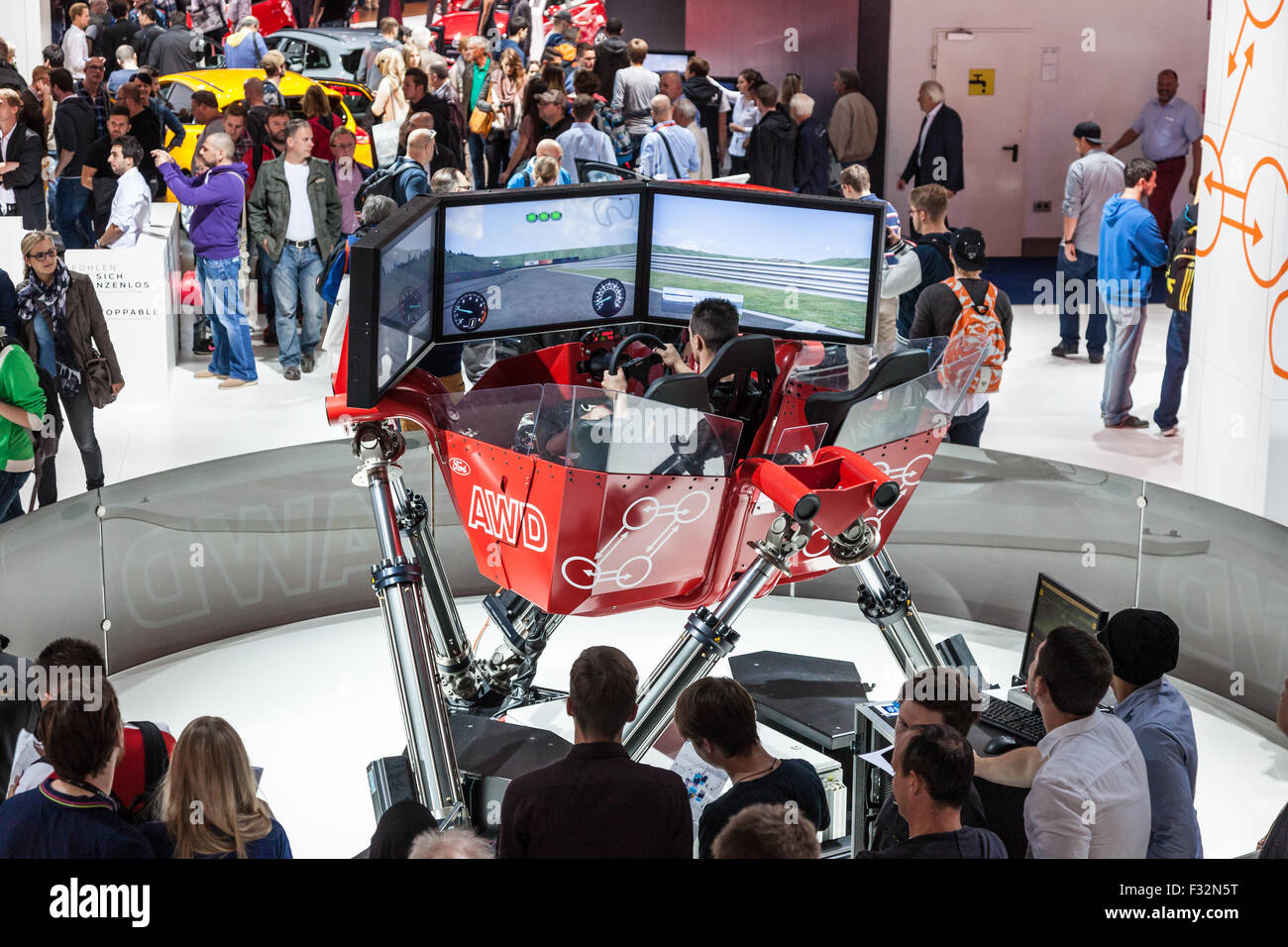 Driving simulator of the Ford Focus ST on race course at the Ford booth ...