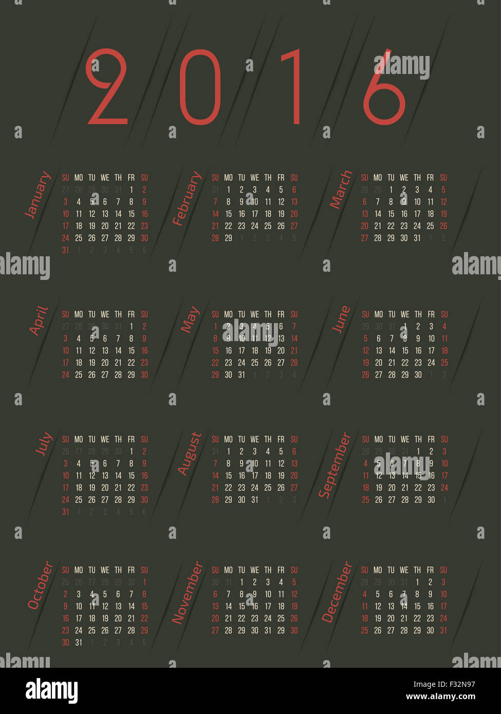 Simplistic retro colored 2016 calendar design with dark background ...