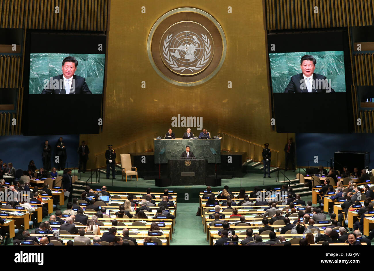 New York, USA. 28th Sep, 2015. Chinese President Xi Jinping addresses ...