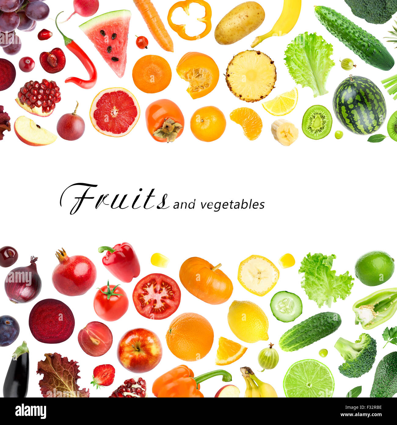 Collection of fruits and vegetables on white background. Fresh food ...
