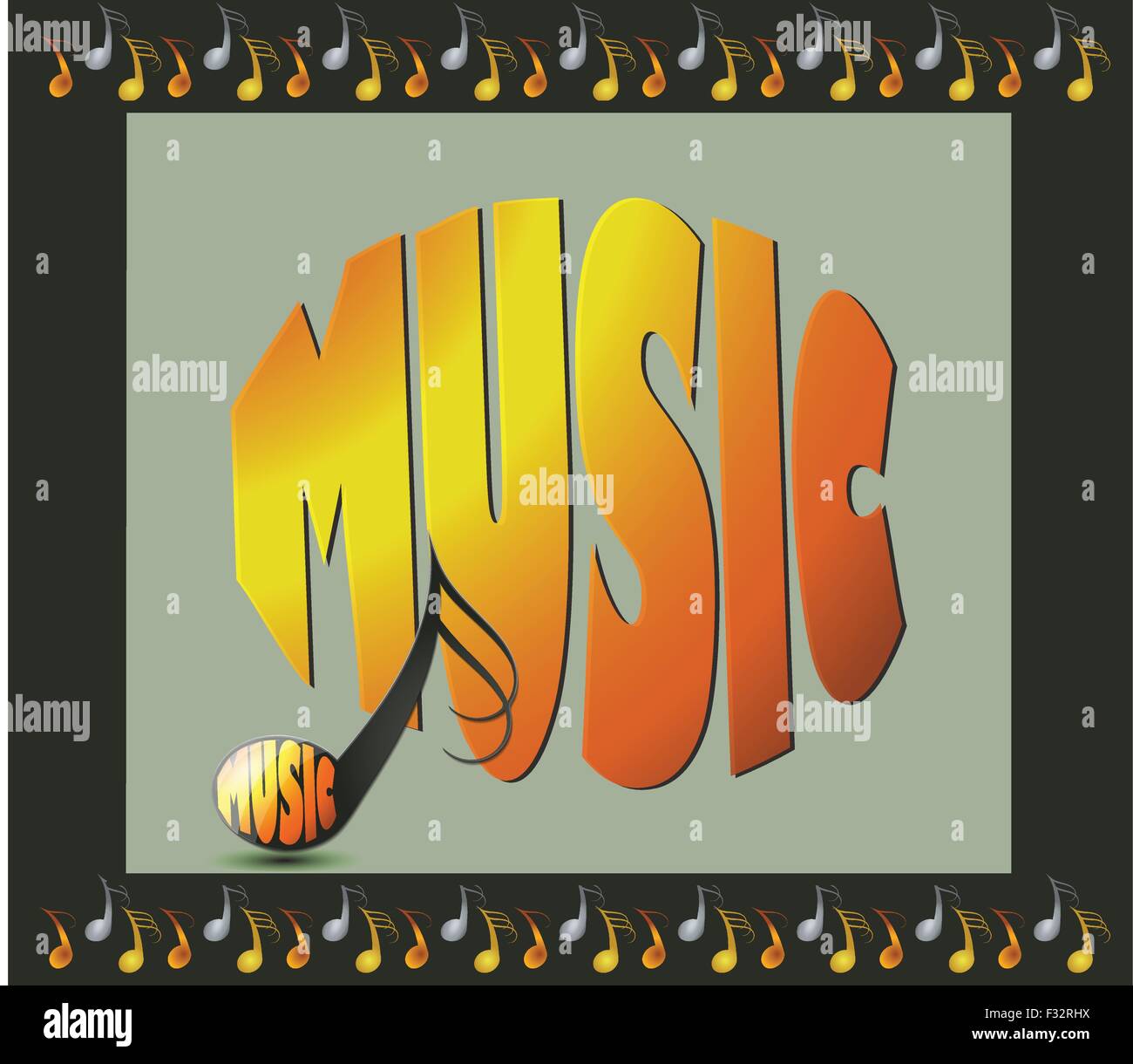 Vector background with dark green frame made of musical notes, a bigger ...