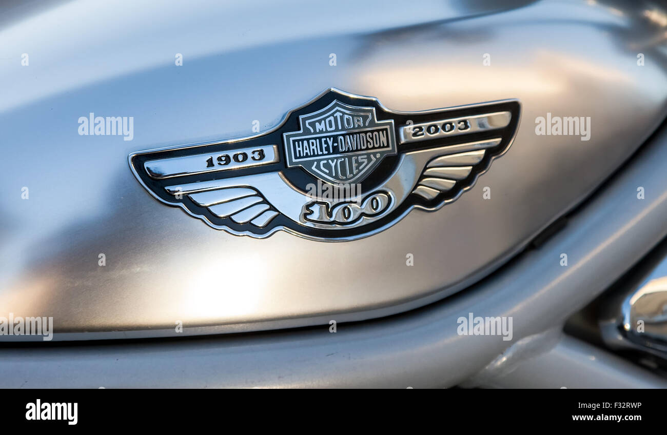 The emblem on the fuel tank of a motorcycle Harley Davidson close-up ...