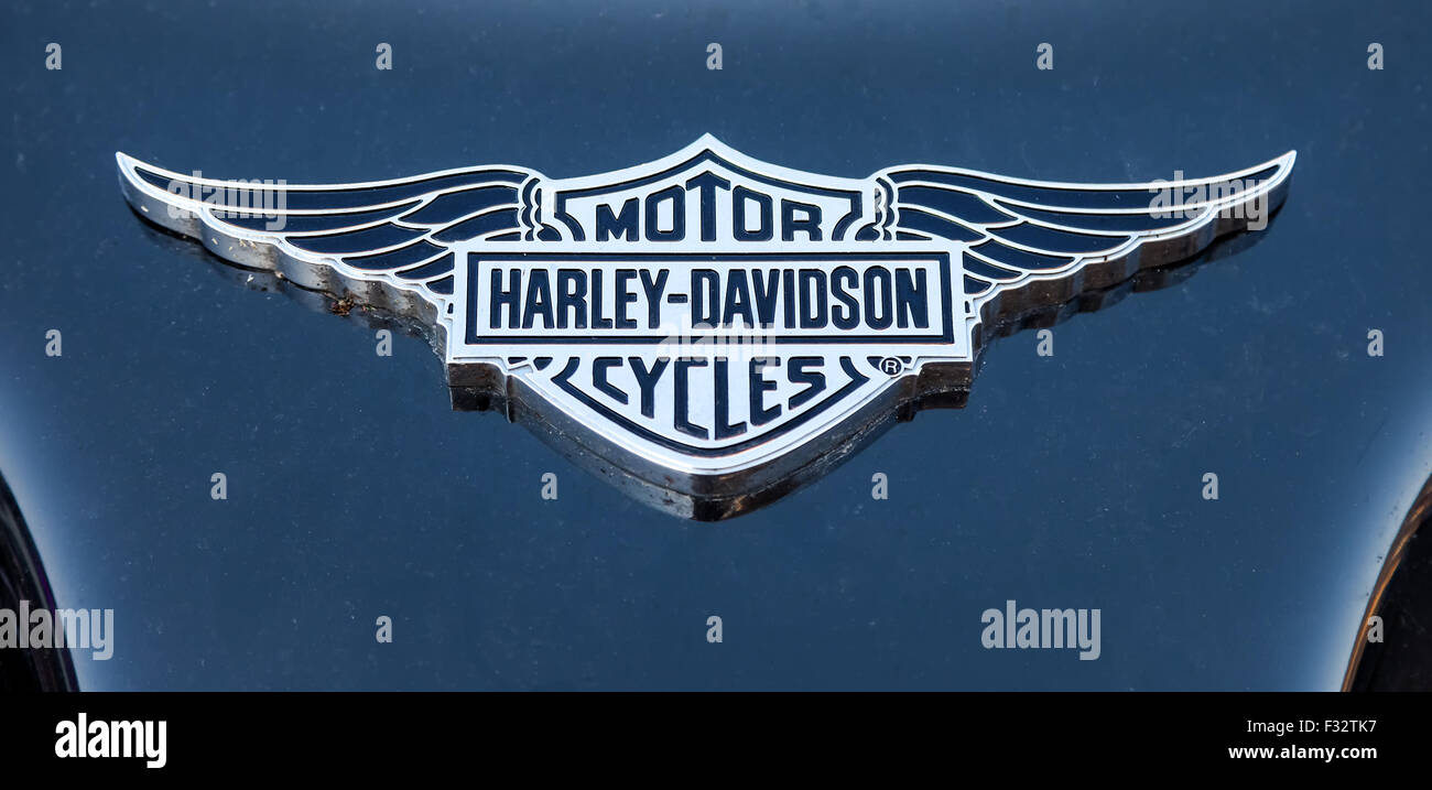 The emblem on the fuel tank of a motorcycle Harley Davidson close-up ...