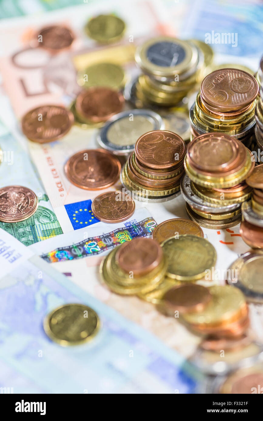 Euro Coins (as detailed close-up shot) on different Banknotes Stock ...