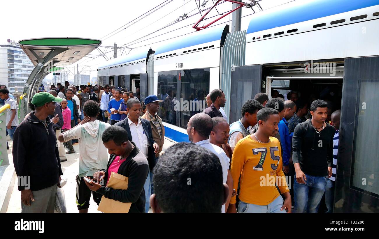 Passengers wait to board a tram in Addis Ababa, Ethiopia, 22 September ...