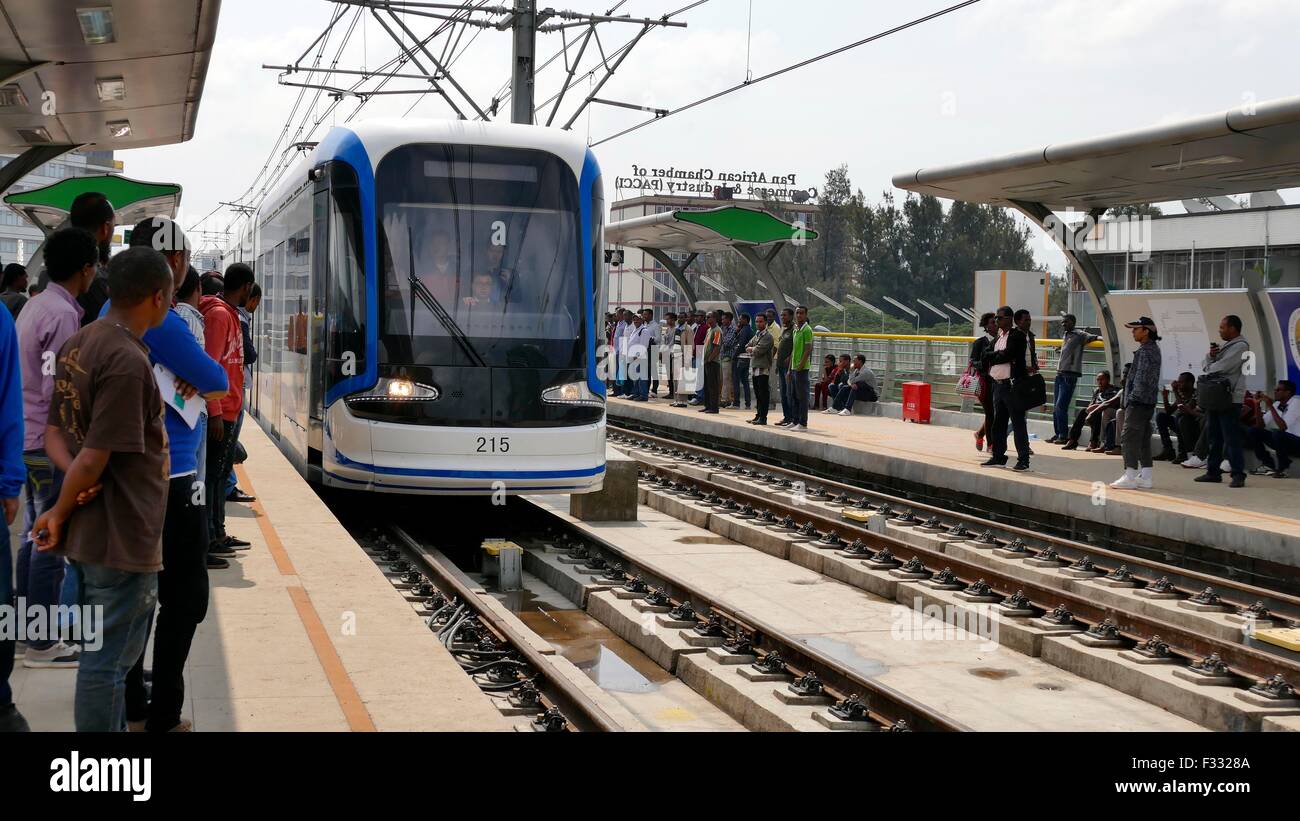 Addis Ababa, Ethiopia. 22nd Sep, 2015. Passengers wait to board a tram ...
