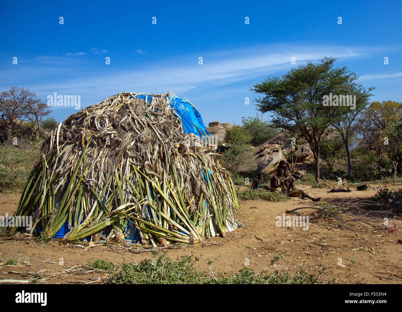 Tanzania, Serengeti Plateau, Lake Eyasi, hadzabe tribe traditional huts ...