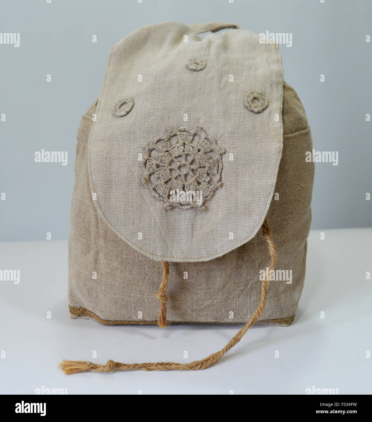 Retro handmade natural flax backpack Stock Photo - Alamy