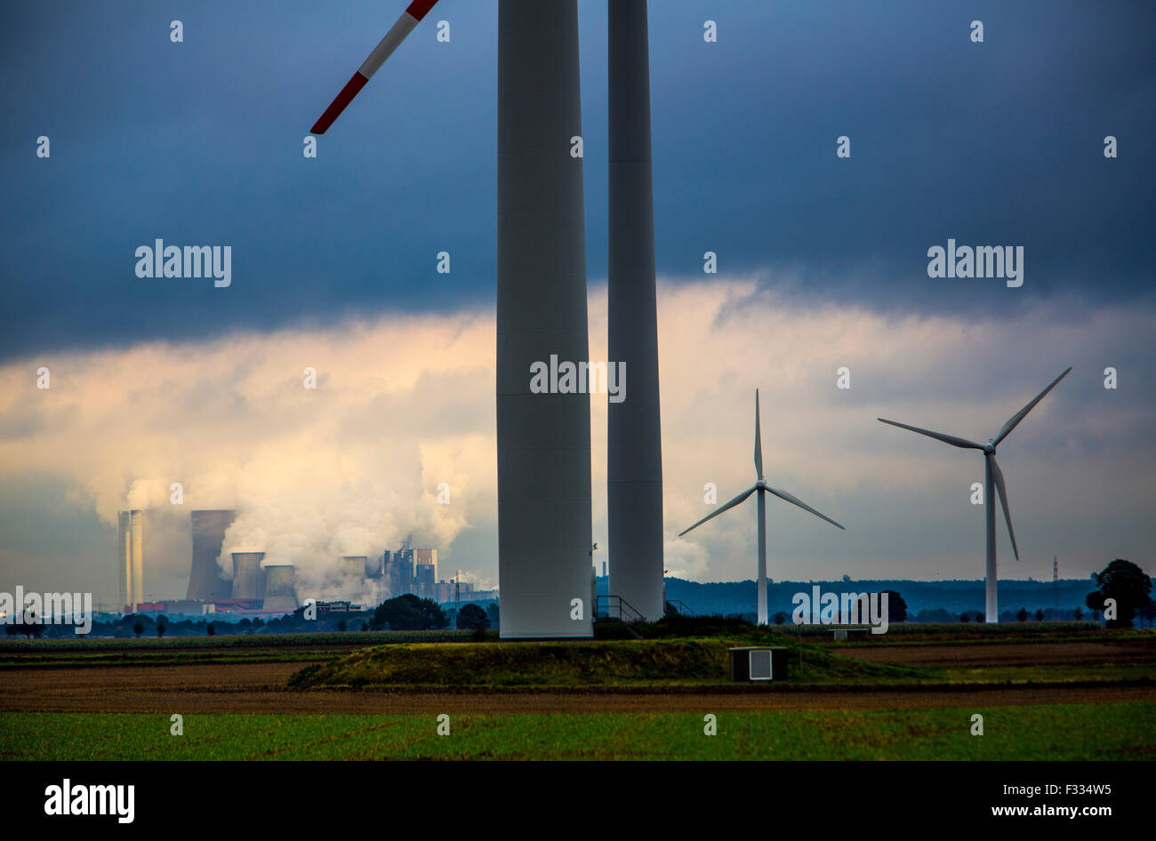 Wind turbines, wind energy park near Bedburg, behind the RWE Power ...