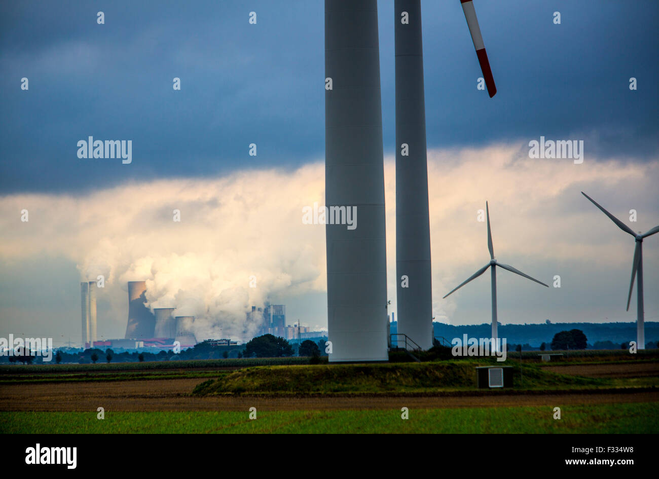 Wind turbines, wind energy park near Bedburg, behind the RWE Power ...