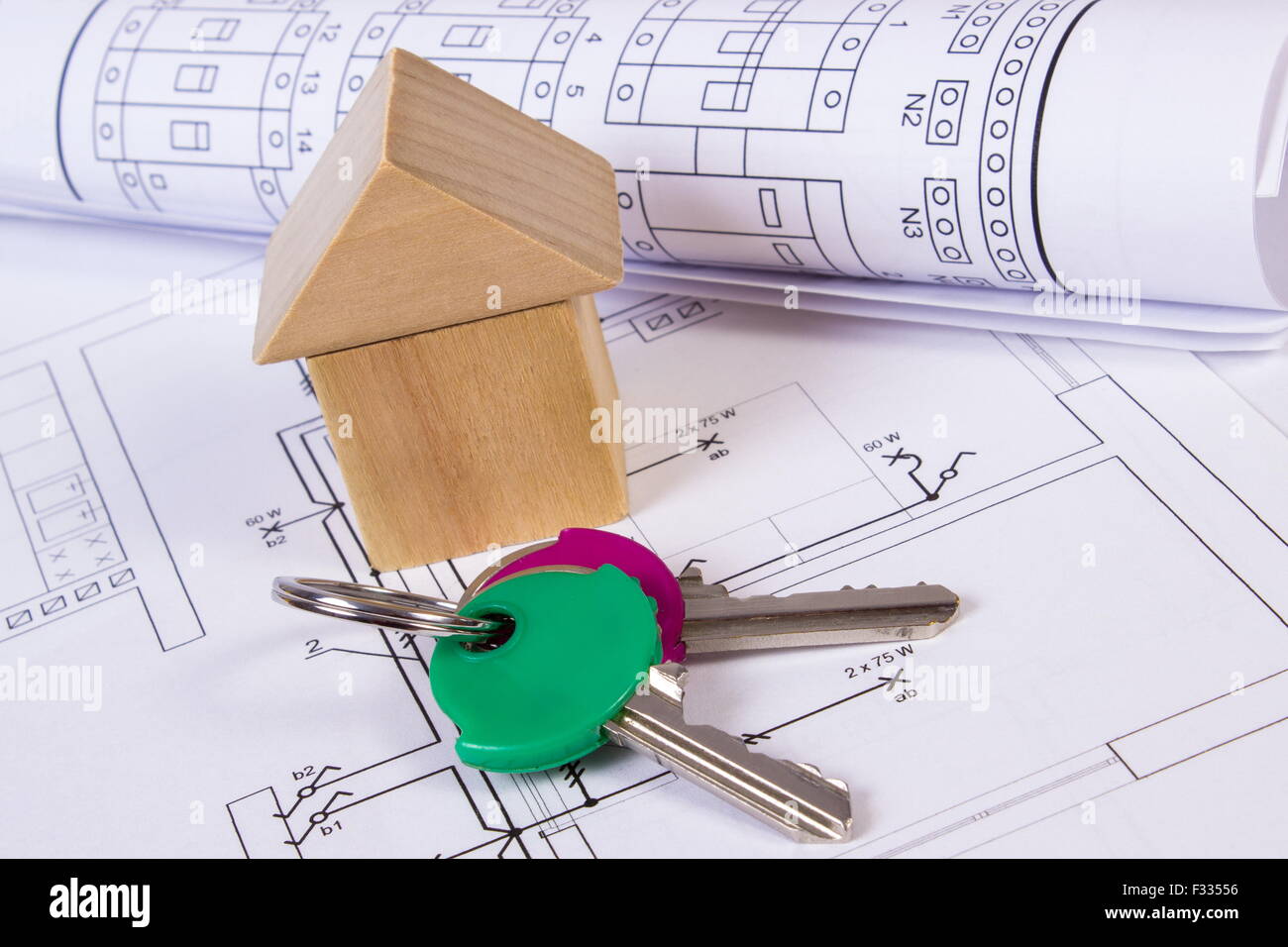 House shape made of wooden blocks, rolls of diagrams and home keys ...