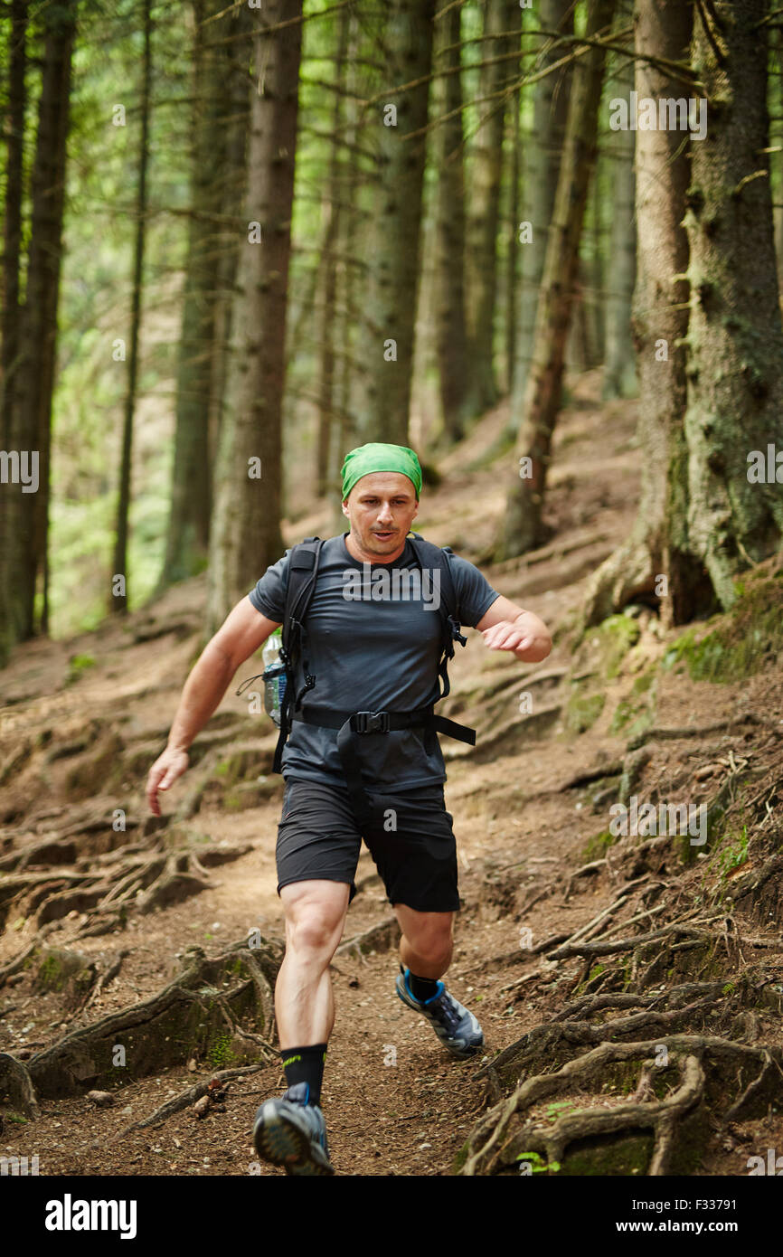 Caucasian man running in the pine forest forest, outdoor fitness ...