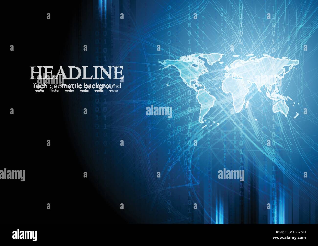 Dark blue tech background with binary system code and world map. Vector design Stock Vector ...