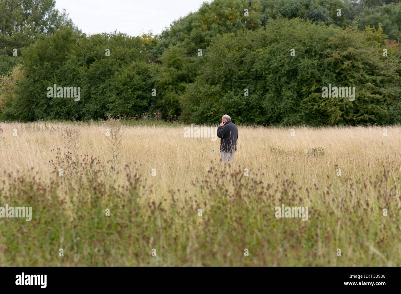 Man walking through field in countryside talking on mobile phone in ...