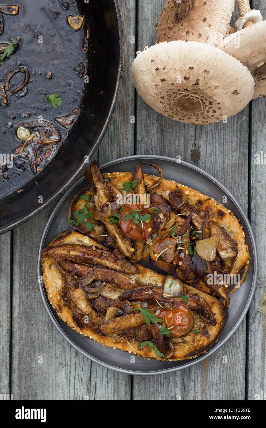 Fried kite mushrooms with onions, garlic and cherry tomatoes on toasted ...