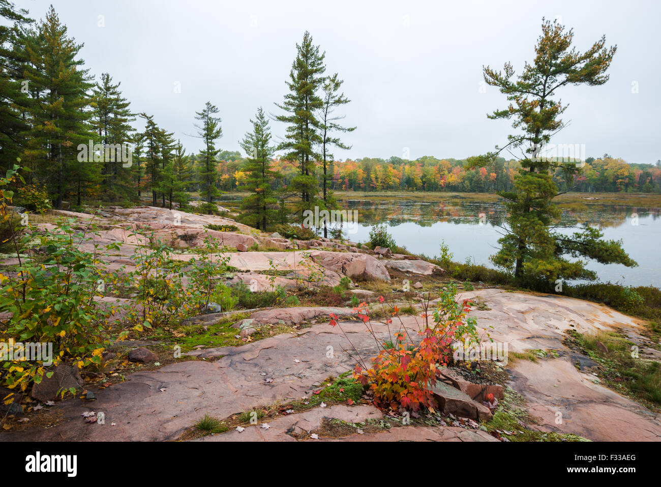 Typical Canadian landscape of a lake at Killarney Provincial Park with ...