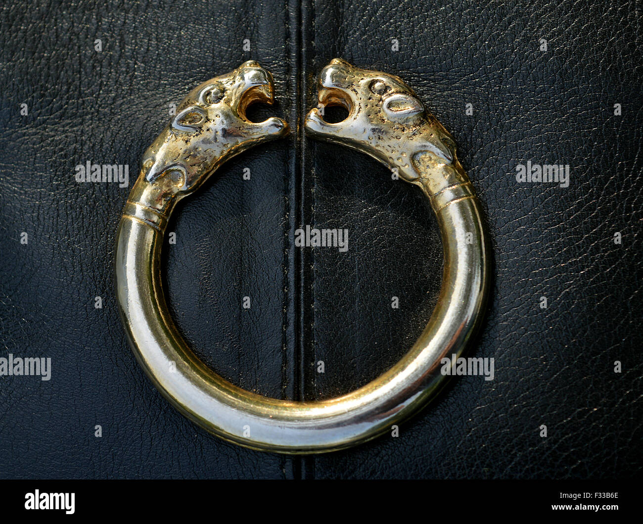 Gold buckle Leopard on black leather background Stock Photo - Alamy