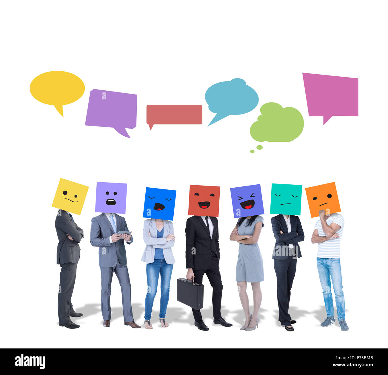 Composite image of people with boxes on their heads Stock Photo - Alamy