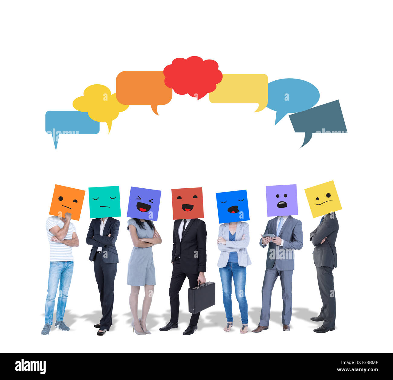 Composite image of people with boxes on their heads Stock Photo - Alamy