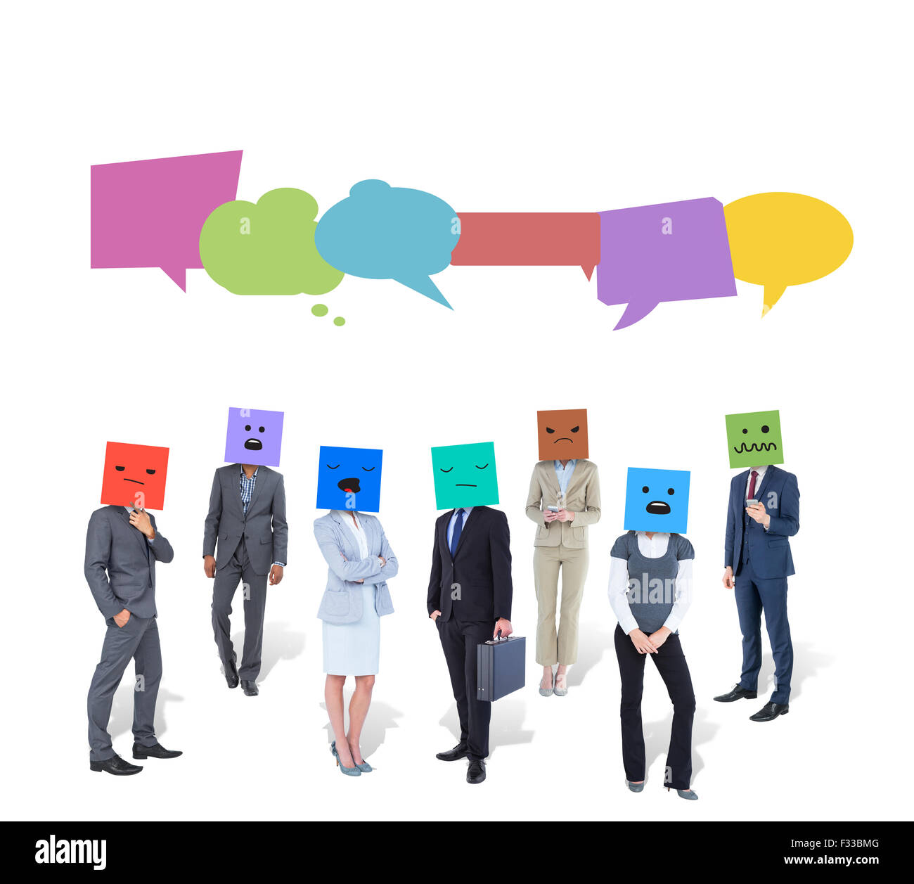 Composite image of people with boxes on their heads Stock Photo - Alamy