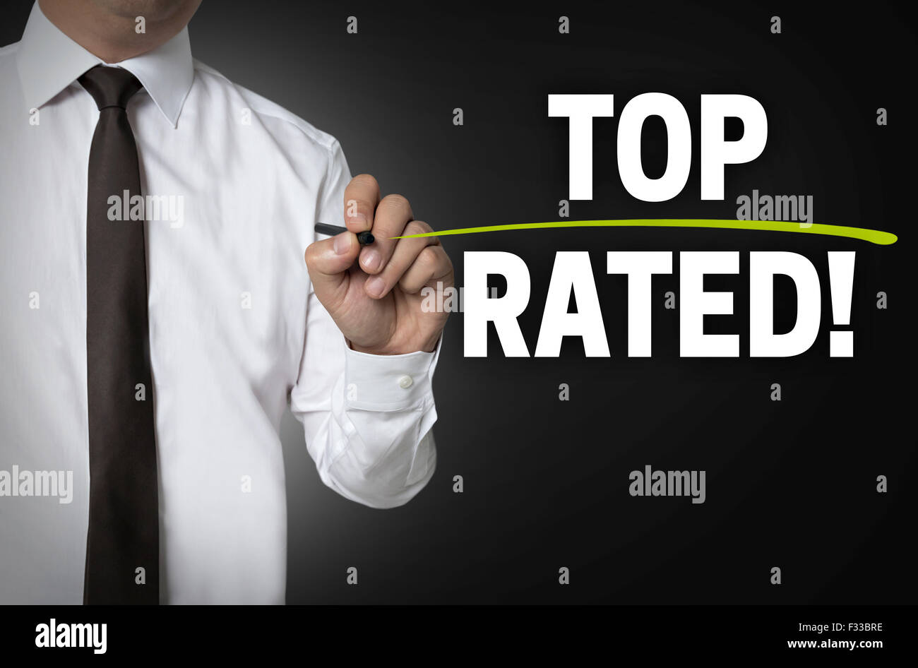Top rated written by businessman background concept Stock Photo - Alamy