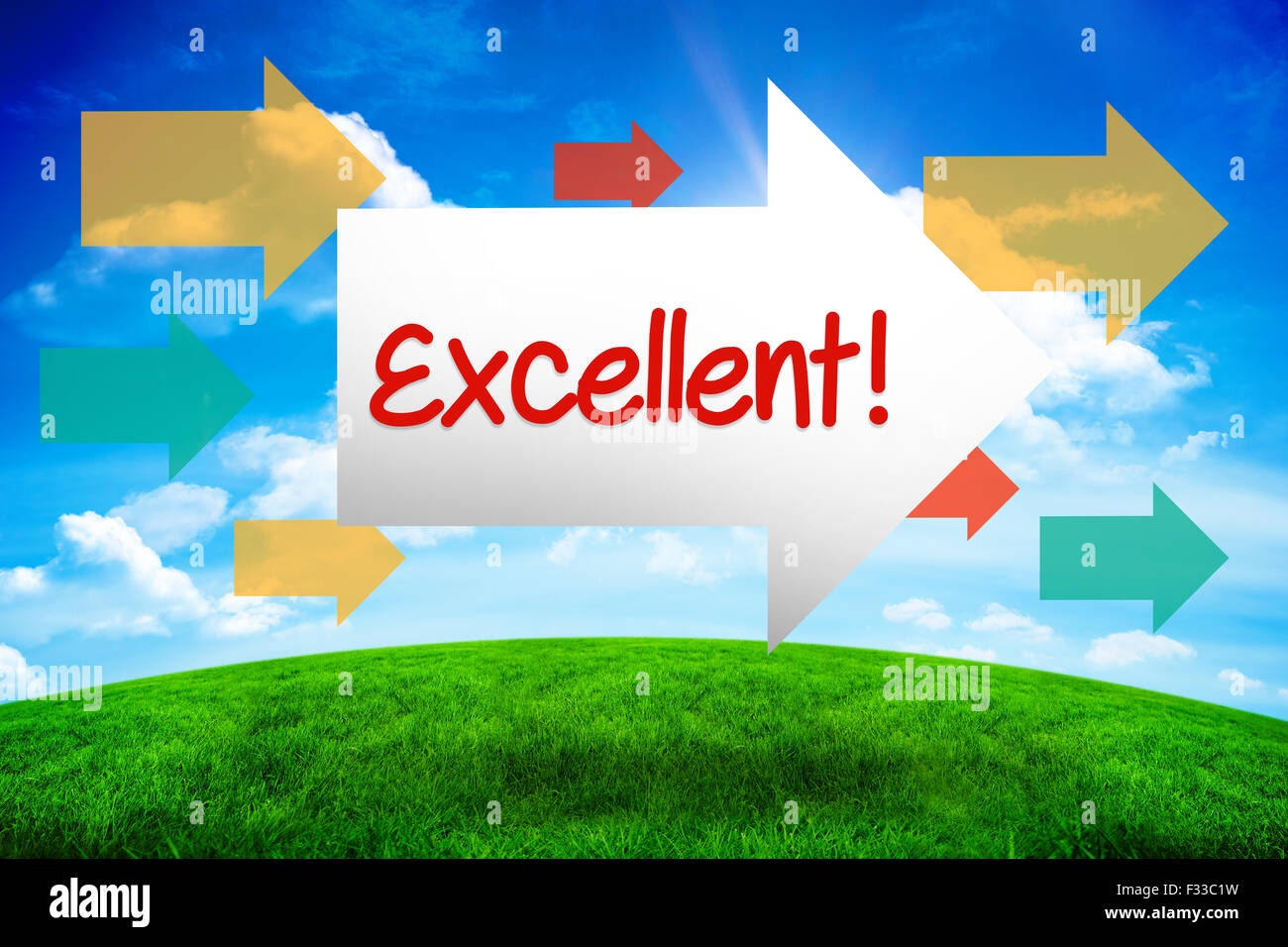 Excellent! against green hill under blue sky Stock Photo - Alamy