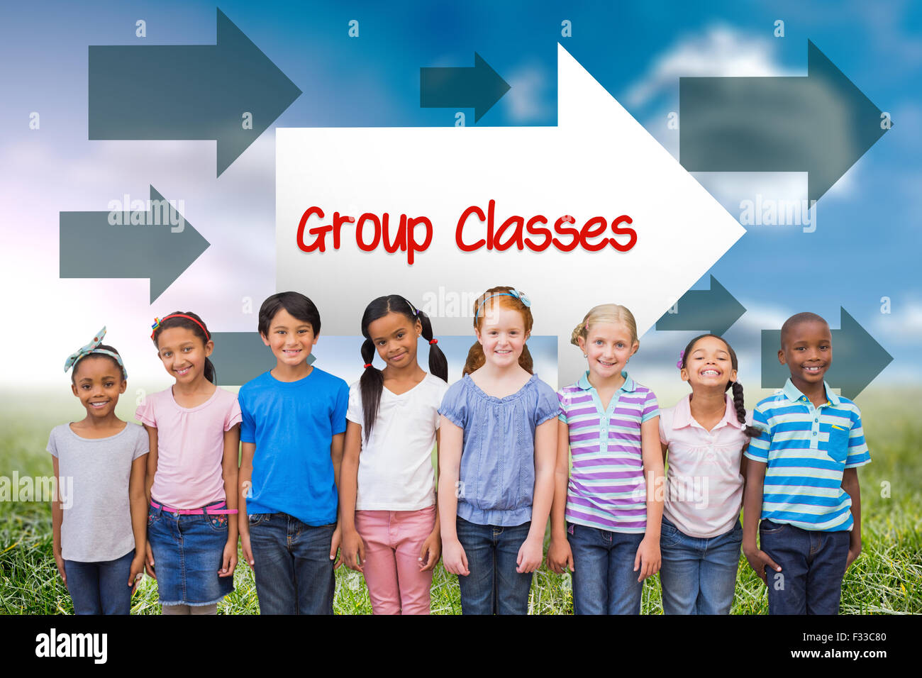 Group classes against sunny landscape Stock Photo - Alamy