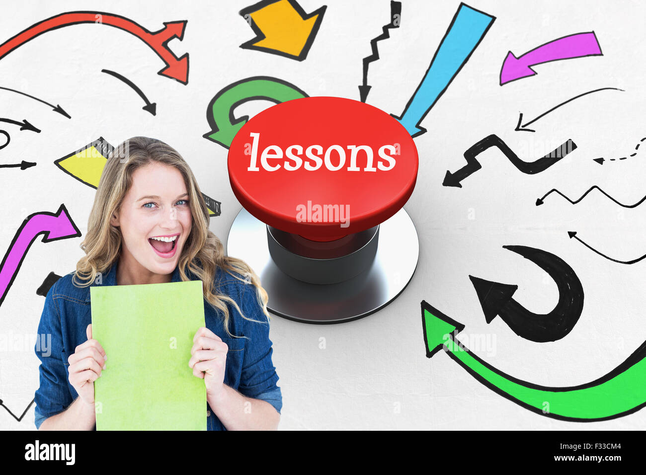 Lessons against digitally generated red push button Stock Photo - Alamy