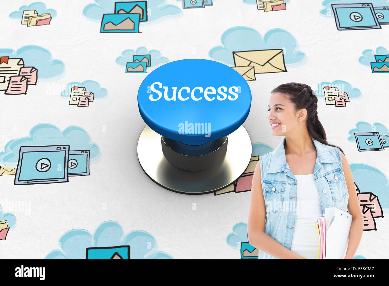 Success against blue push button Stock Photo - Alamy