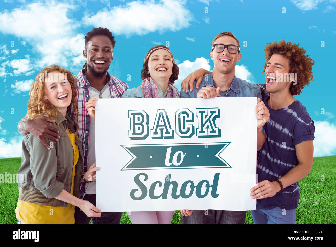 Composite image of fashion students smiling at camera together Stock ...