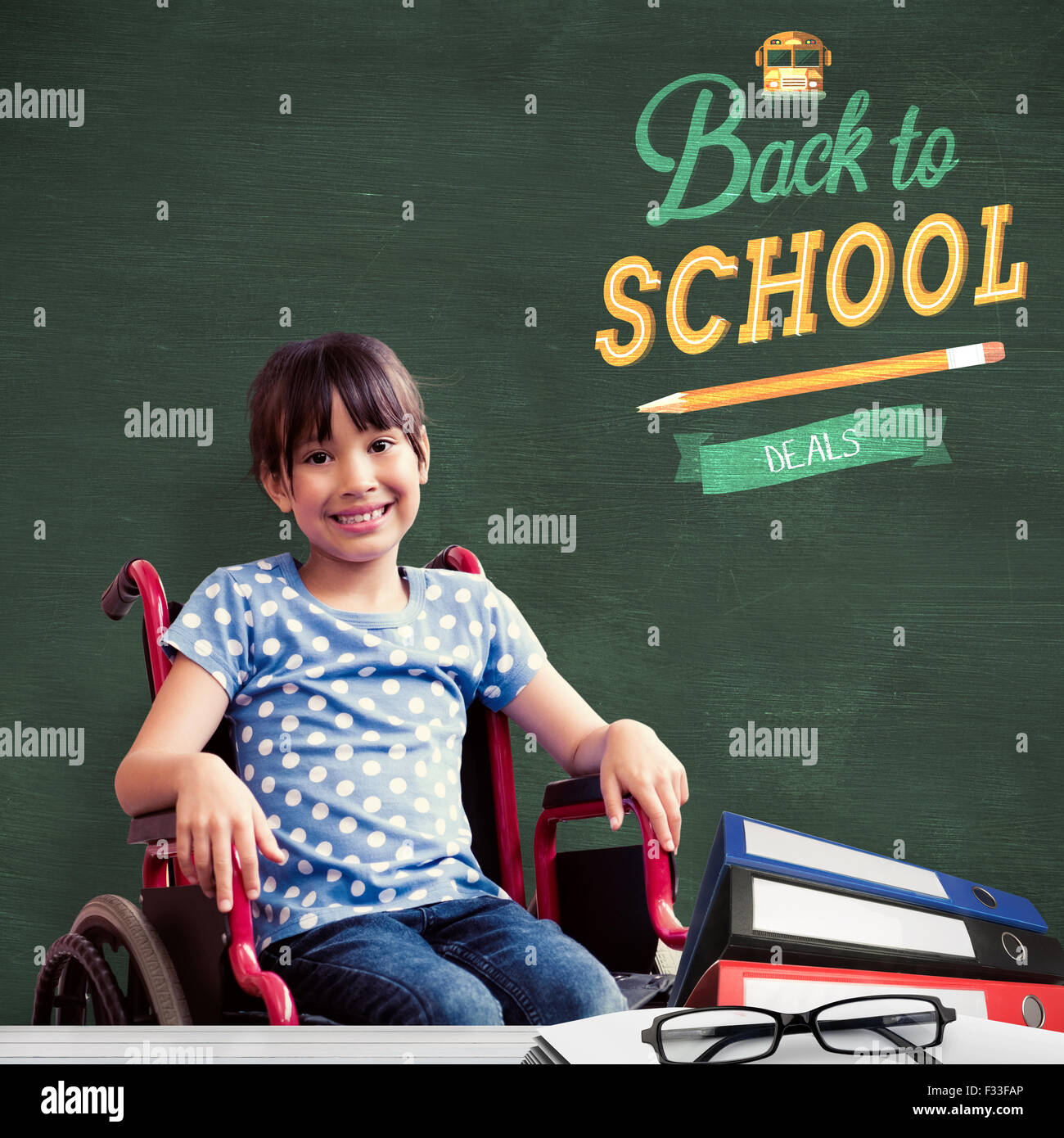 Composite image of cute disabled pupil smiling at camera in hall Stock ...