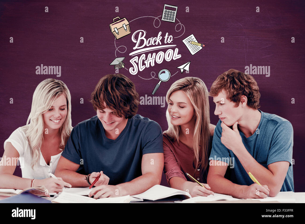 Composite image of four students sitting together and trying to get the ...