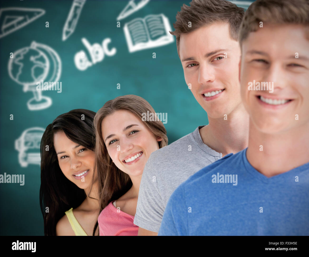 Composite image of four people standing in a line with each person ...